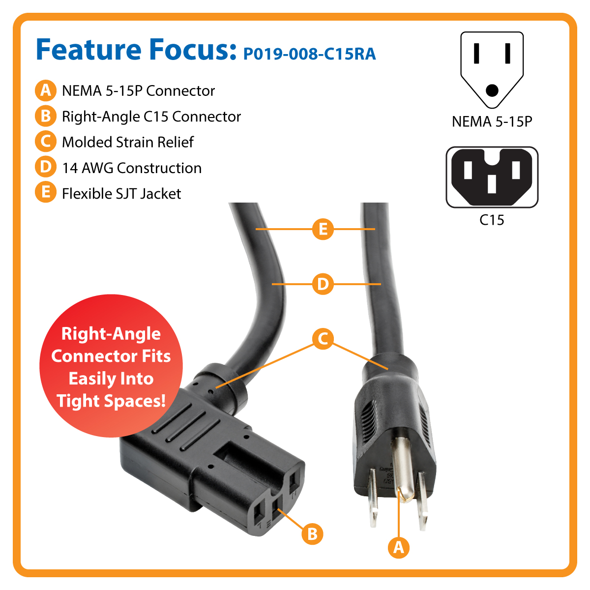 Tripp Lite 8ft Heavy Duty Power Ext Cord 15A 14AWG 5-15P to Right-Angle ...