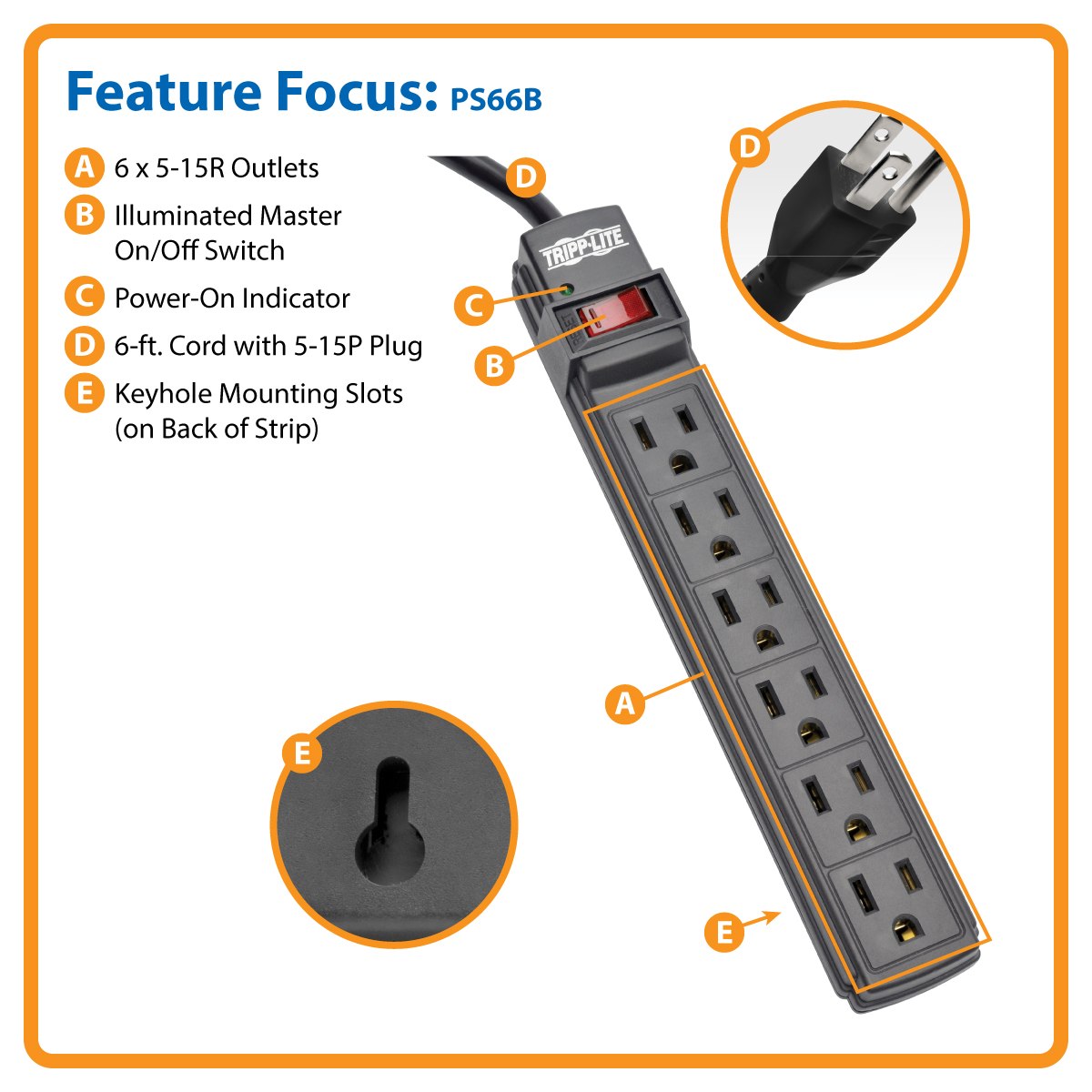 Tripp Lite Power Strip 6 Outlet NEMA 5-15R AC 6 ' Cord 5-15P Black ...