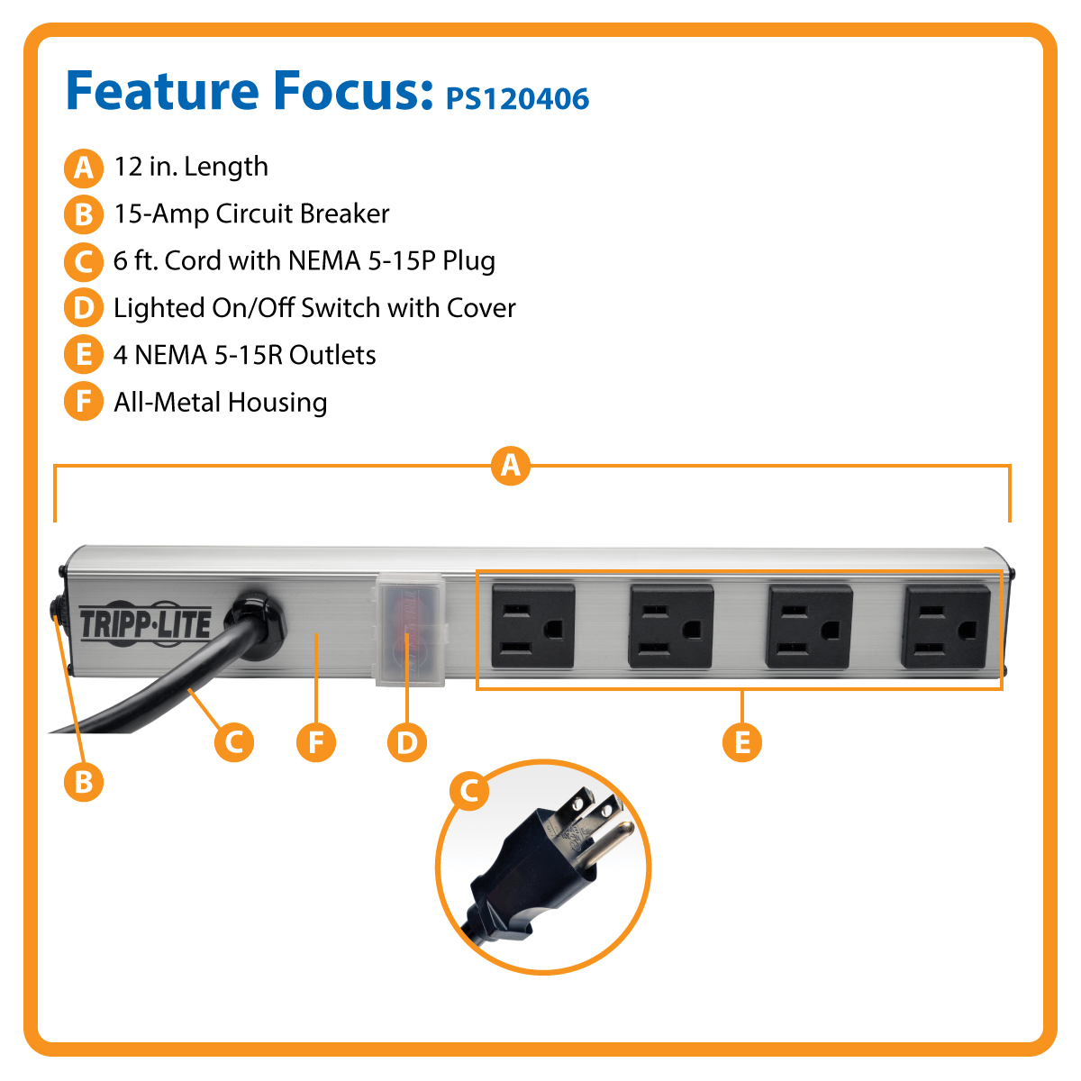 Tripp Lite Power Strip 120V 5-15R 4 Outlet 6' Cord 12 Inch Length Metal ...