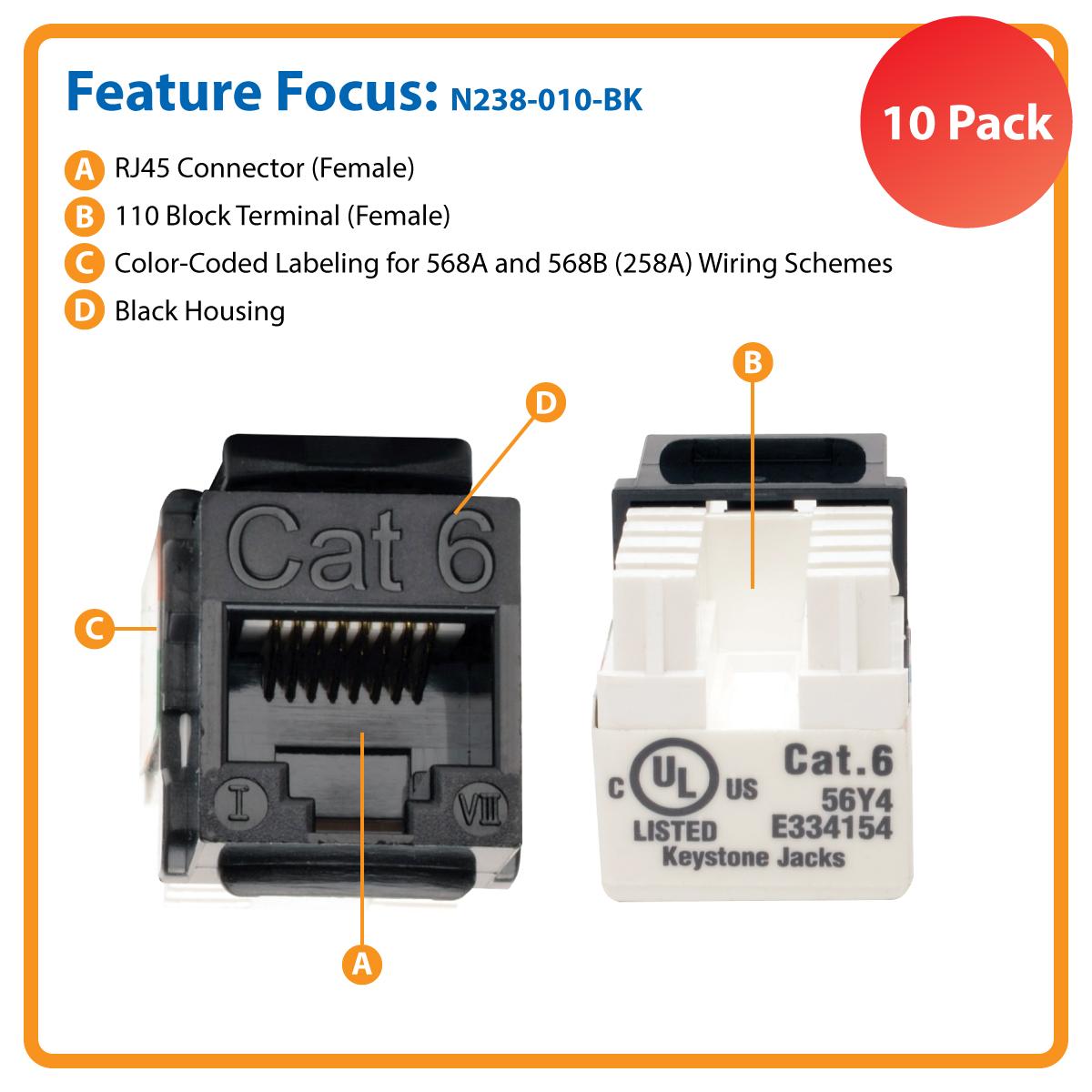 Tripp Lite Cat6/Cat5e 110 Punch Down Keystone Jack - modular insert ...