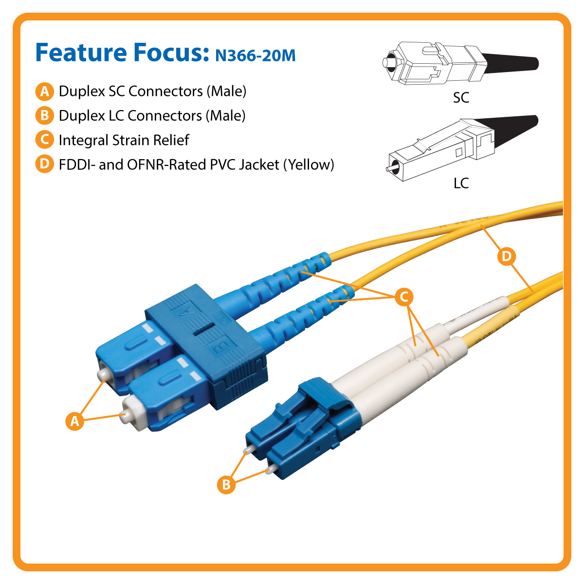 Tripp Lite 20M Duplex Singlemode 9/125 Fiber Optic Patch Cable LC/SC 65 ...