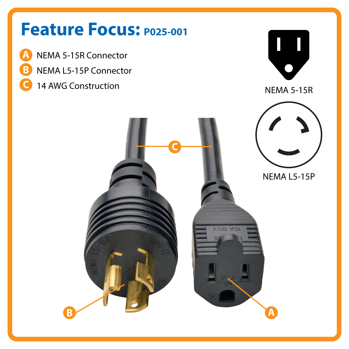 Tripp Lite 1ft Power Cord Adapter Cable 5-15P to 5-15R Heavy Duty 15A 14AWG 1' - power cable ...