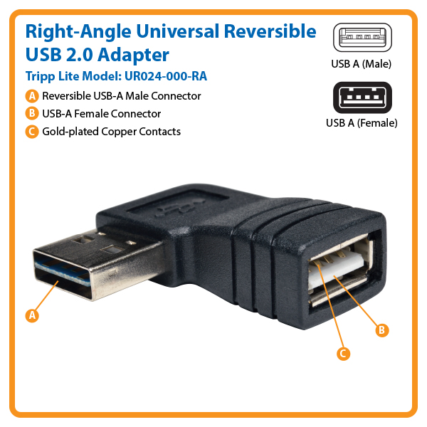 Tripp Lite USB 2.0 High Speed Adapter Reversible A to Right Angle A M/F ...