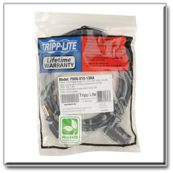Tripp Lite 10ft Computer Power Cord Cable 5-15P to Right Angle C13 10A ...