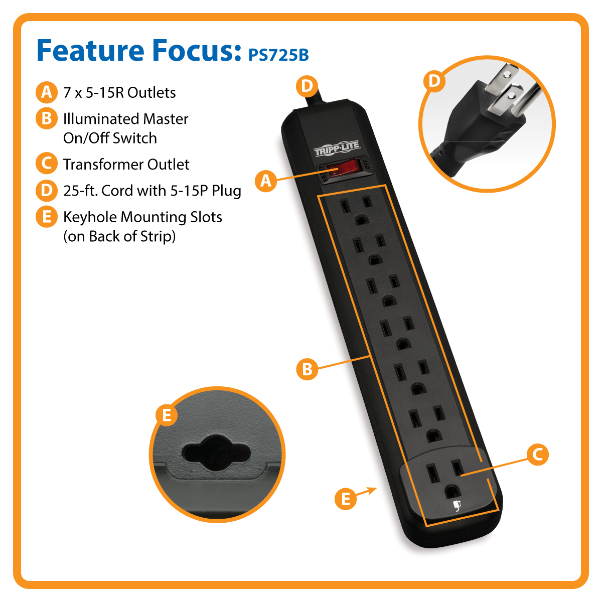 Tripp Lite Power Strip 7 Outlet NEMA 5-15R AC 25' Cord 5-15P Black ...