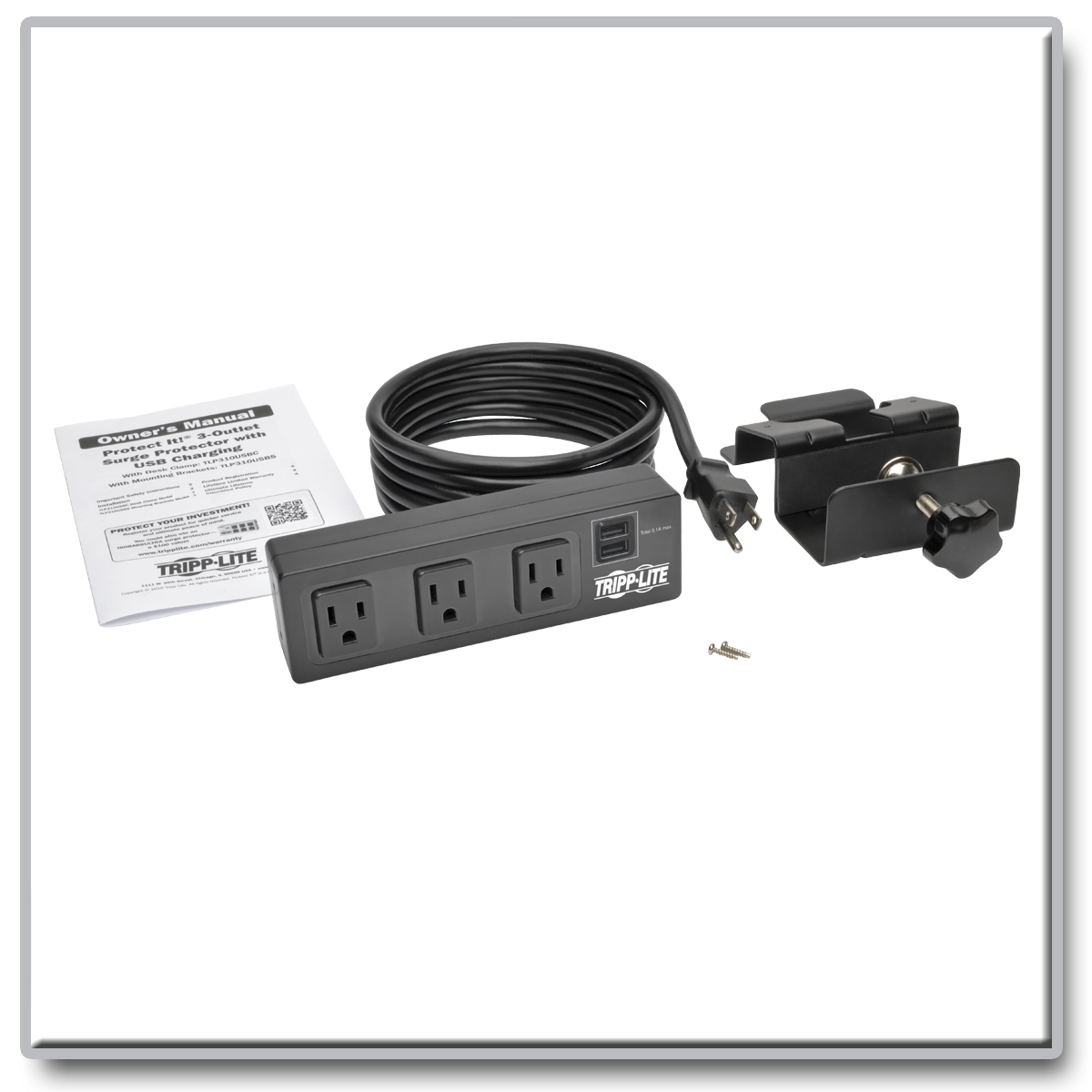Tripp Lite 3-Outlet Surge Protector Power Strip Desk Clamp w/ 2-Port ...