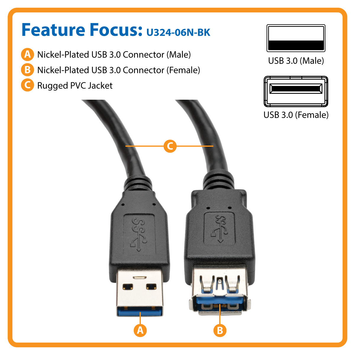 Tripp Lite 6 Inch USB 3.0 SuperSpeed Extension Cable A Male to A Female ...