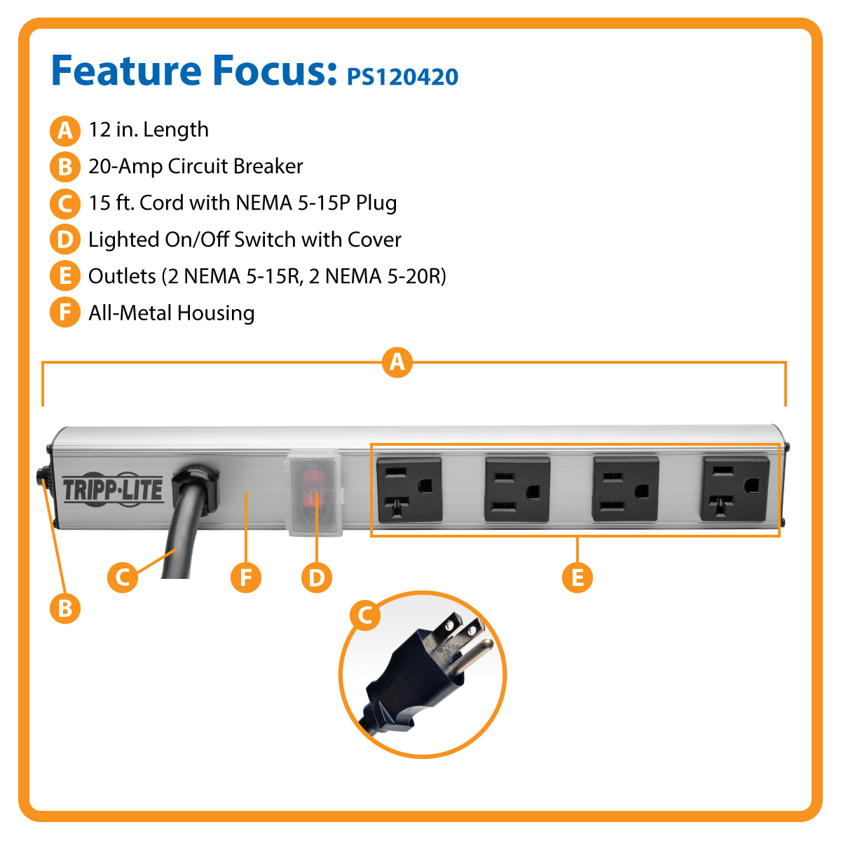 Tripp Lite Power Strip 120V 2 5-15R; 2 5-20R 15' Cord 12 Inch Length ...