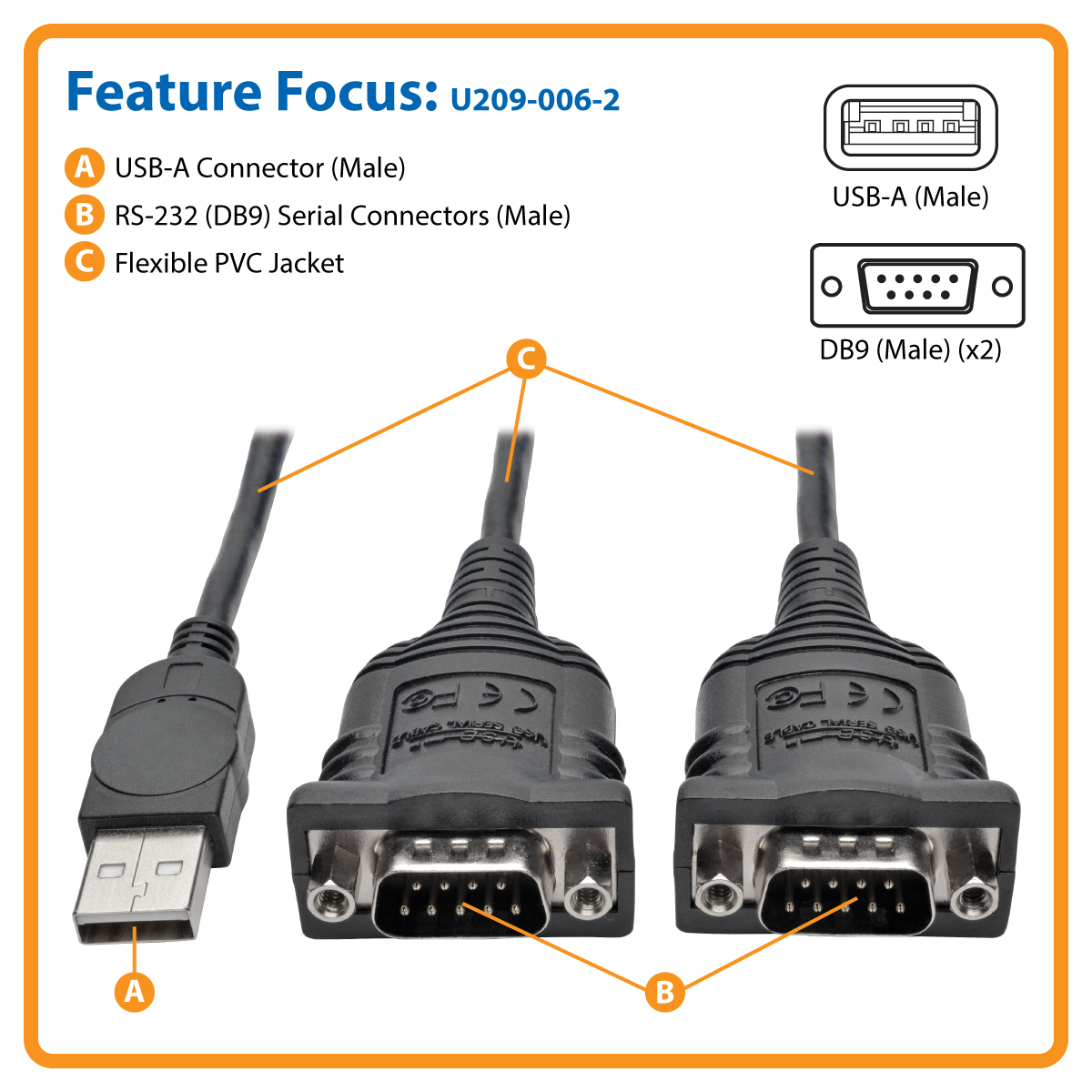 Tripp Lite 6ft 2-Port USB to DB9/ RS 232 Serial Adapter FTDI, w/ COM ...