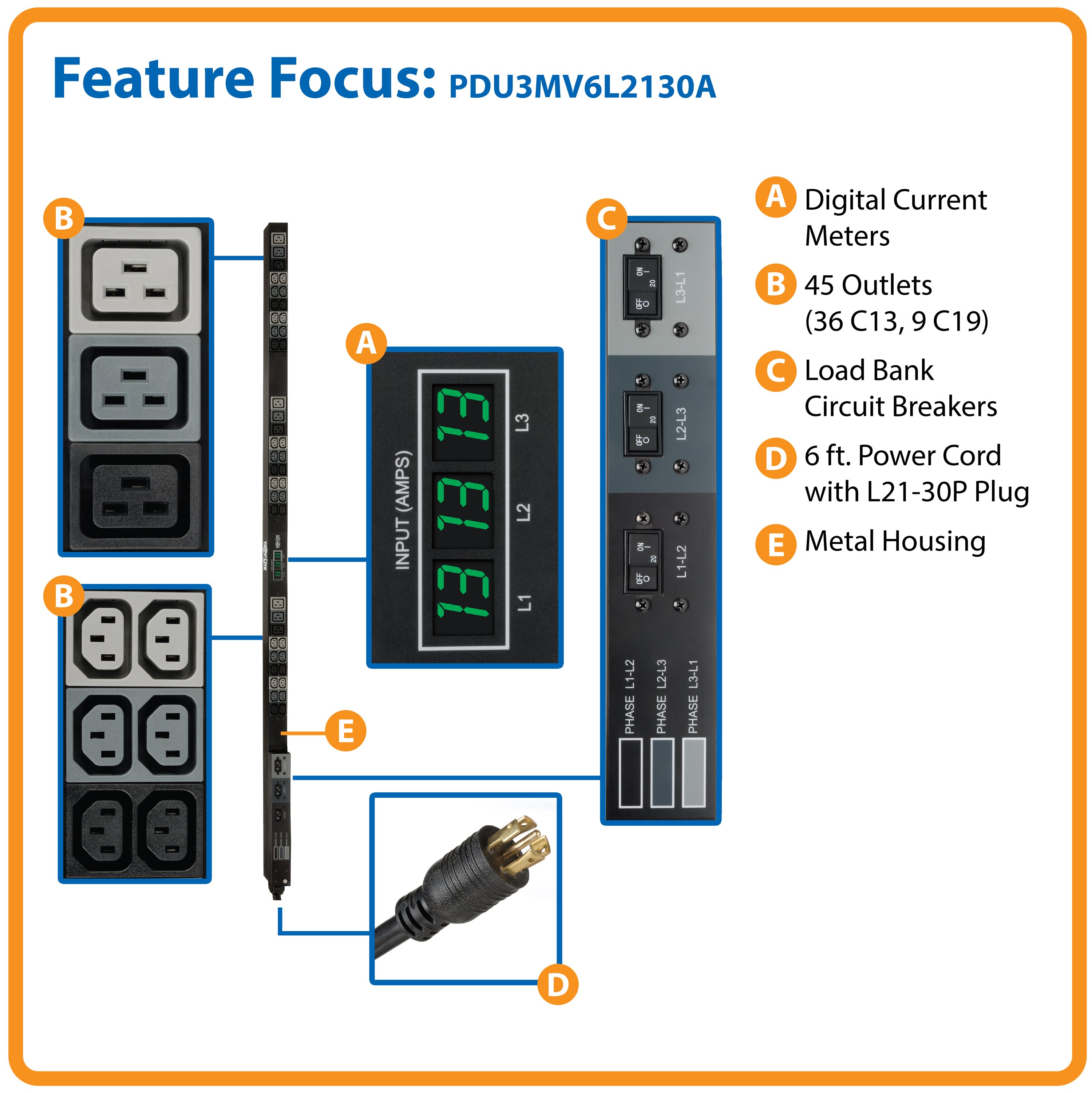Tripp Lite PDU 3-Phase Metered 208V 8.6kW L21-30P 36 C13; 9 C19 0URM ...